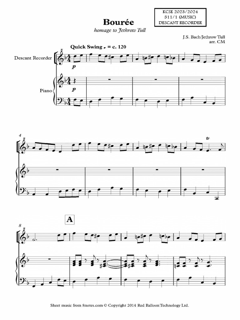 Kcse 2023-2024 Descant Recorder - Bouree | PDF | Art