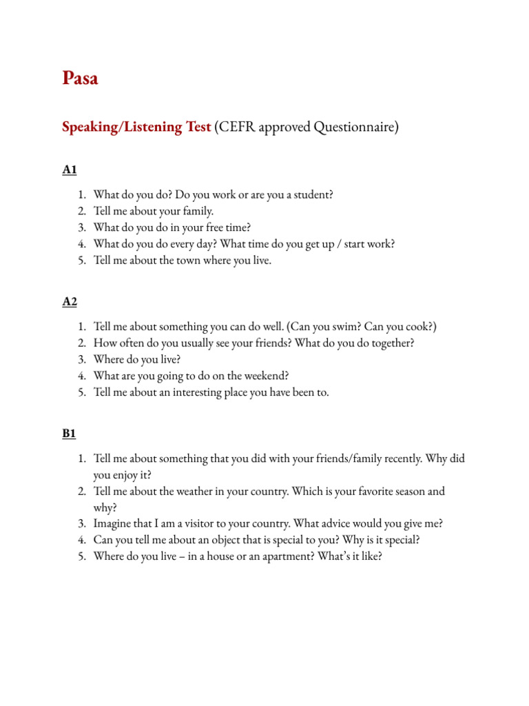 Speaking Listening Test (A1 C1) | PDF | Wellness