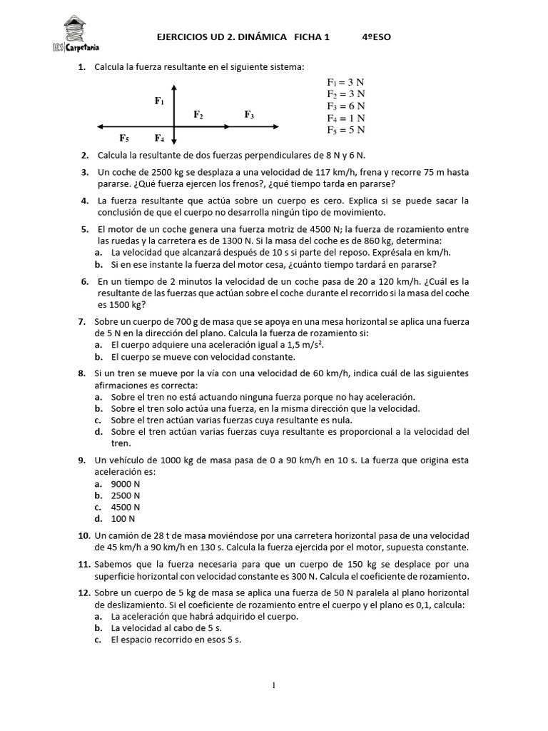 Ejercicios Ud2 Ficha1 Dinamica 4eso Fyq | PDF | Fricción | Fuerza