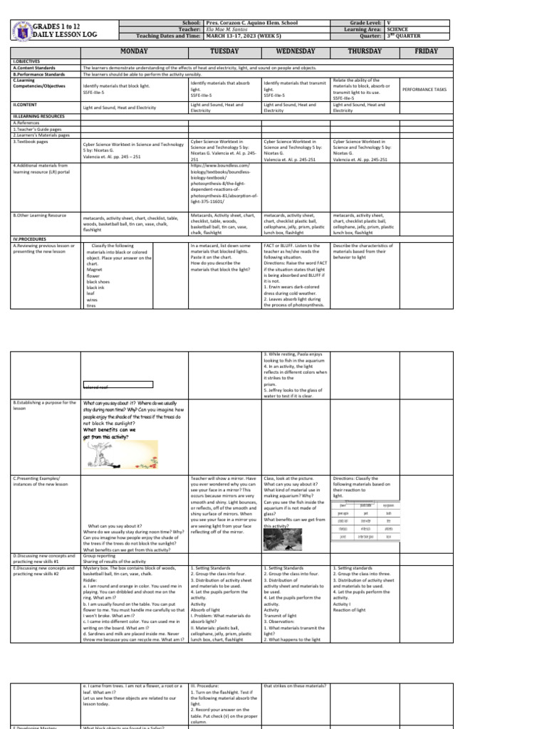 DLL - Science 5 - Q3 - W5 | PDF | Differentiated Instruction | Learning