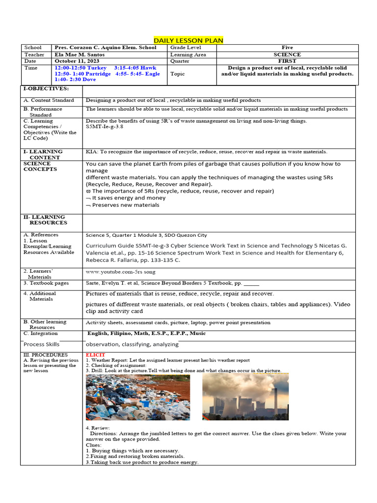 COT#1 SCIENCE-5-Q1-Wk7 D3 2023 LP | PDF | Waste | Waste Management