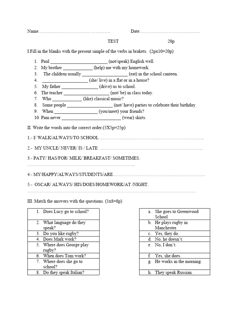 0 Test Present Simple Clasa A5a | PDF | Human Communication ...
