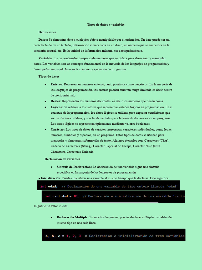 Tipos De Datos Y Variables Pdf Tipo De Datos Lenguaje De Programación