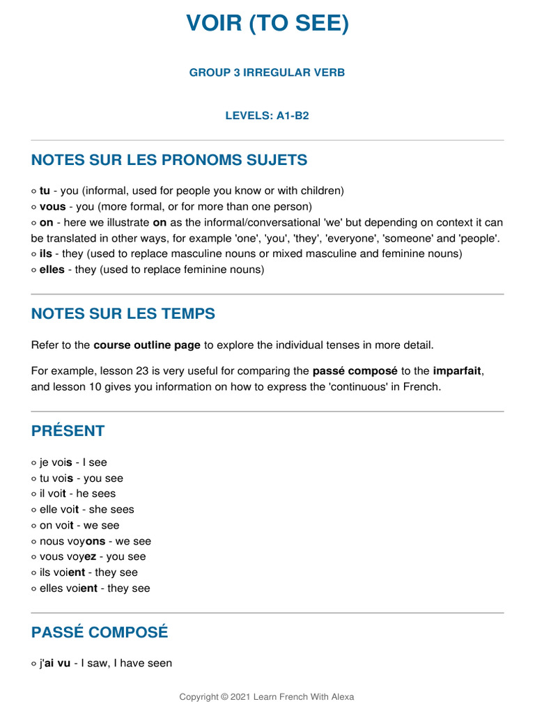 Voir To See in 10 Main French Tenses | PDF | Linguistic Typology | Syntax