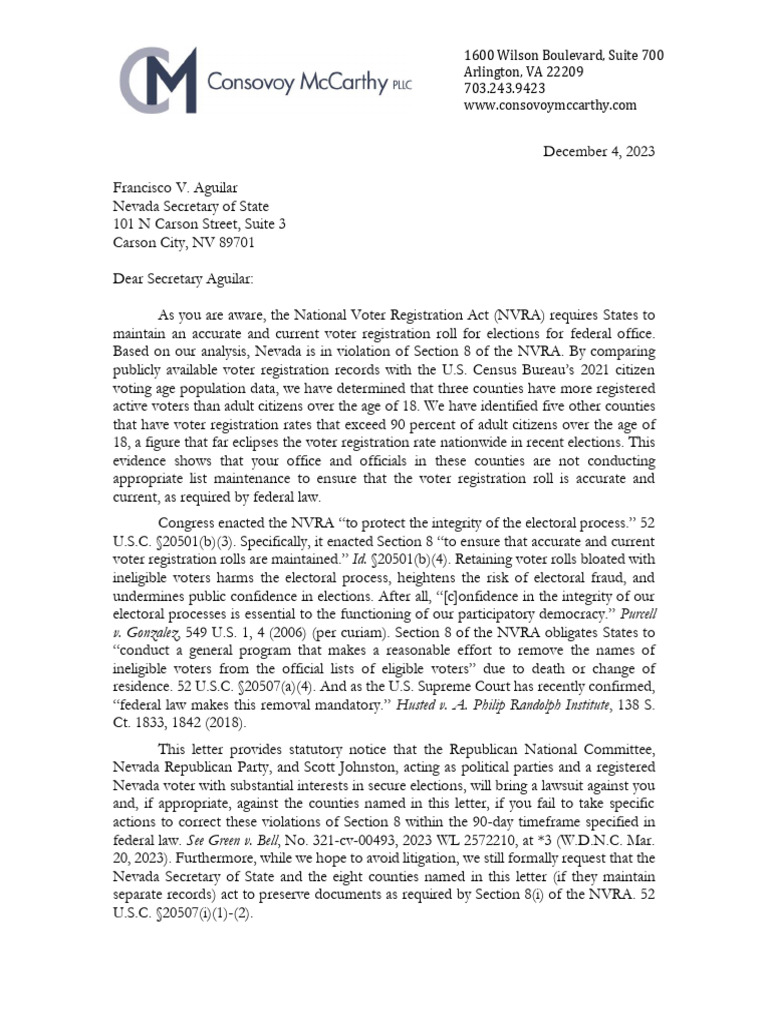 RNC Letter To Nevada Secretary of State | PDF | Voter Registration ...