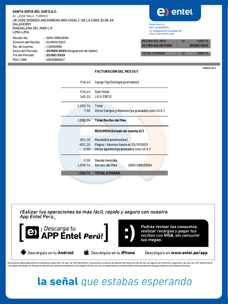 Recibo Entel | PDF | Teléfonos móviles | Telefonía móvil