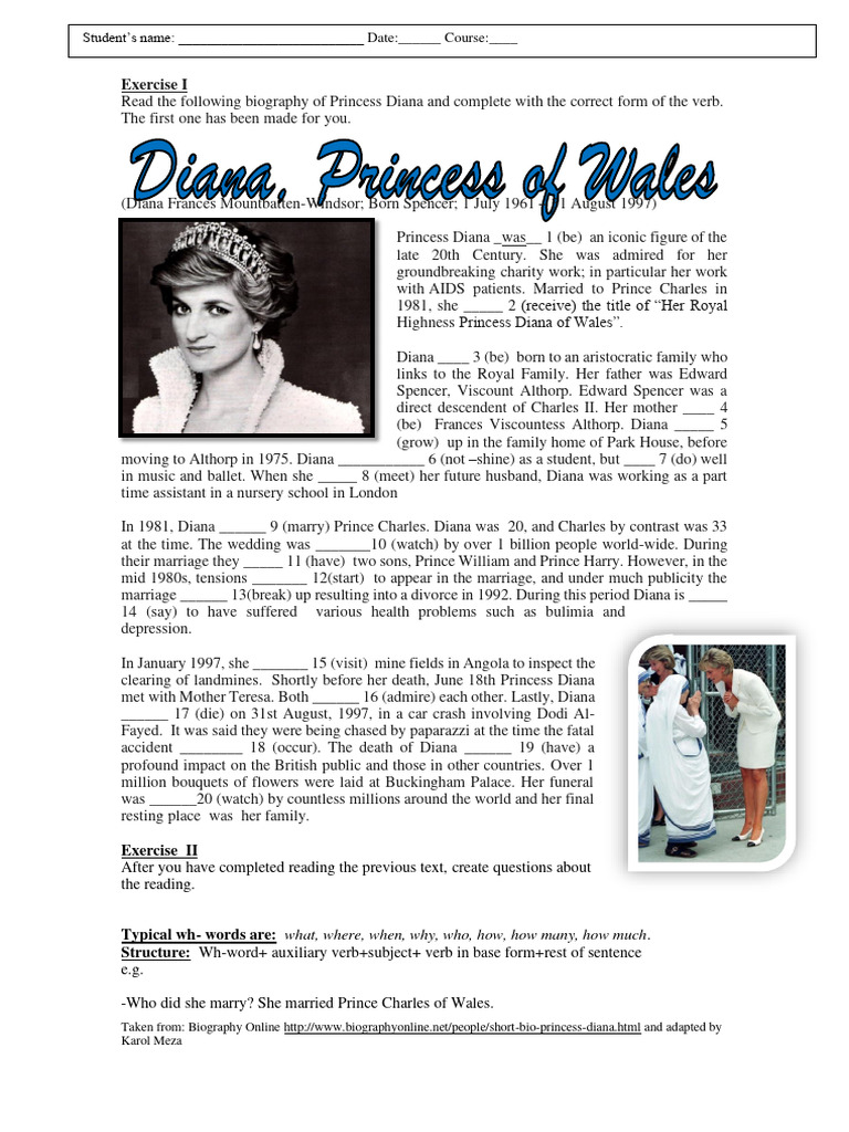 Princess Diana Biography Exercise | PDF | History