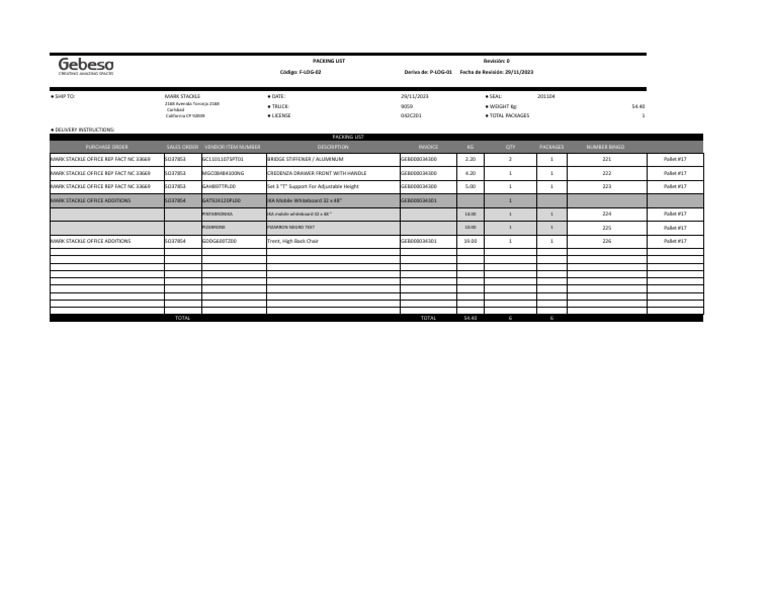 Packing List Mark Stackle Office Rep Fact NC 33669, Additions | PDF ...