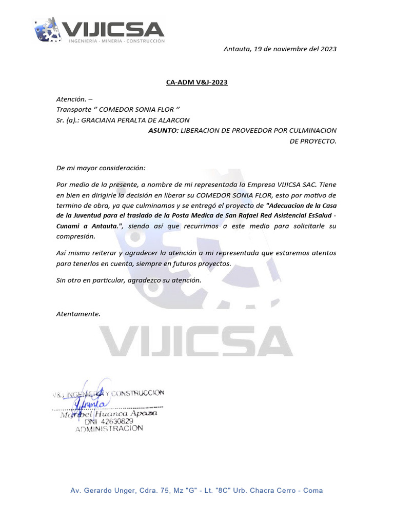 Carta - Adm VJ 0001 Sonia Flor | PDF