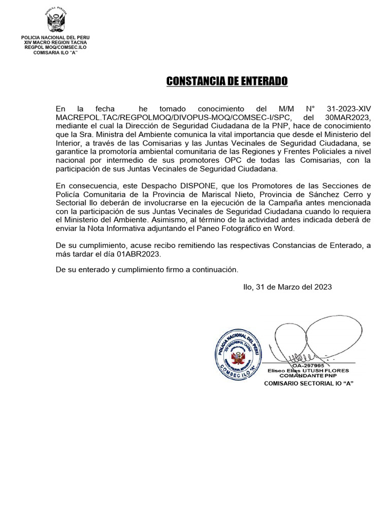 CONSTANCIA DE ENTERADO COMISARIO ILO M.M N°312023. 29MAR2023 | PDF ...