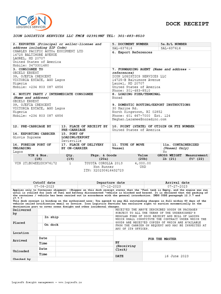 Dock Receipt SAL-637616 | PDF | Cargo | Supply Chain Management