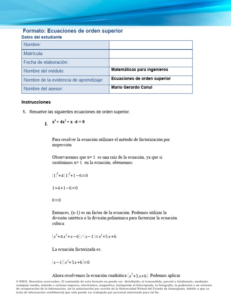 Tarea Ecuaciones Orden Superior | PDF | Factorización | Ecuaciones