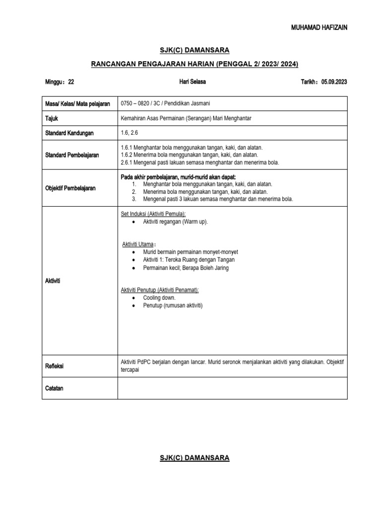Cikgu Hafizain RPH M22 | PDF | Reading Comprehension | Lesson Plan