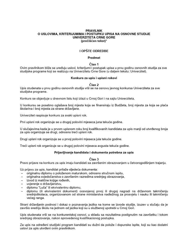 Pravilnik o Uslovima Kriterijumima I Postupku Upisa Na Osnovne Studije UCG | PDF