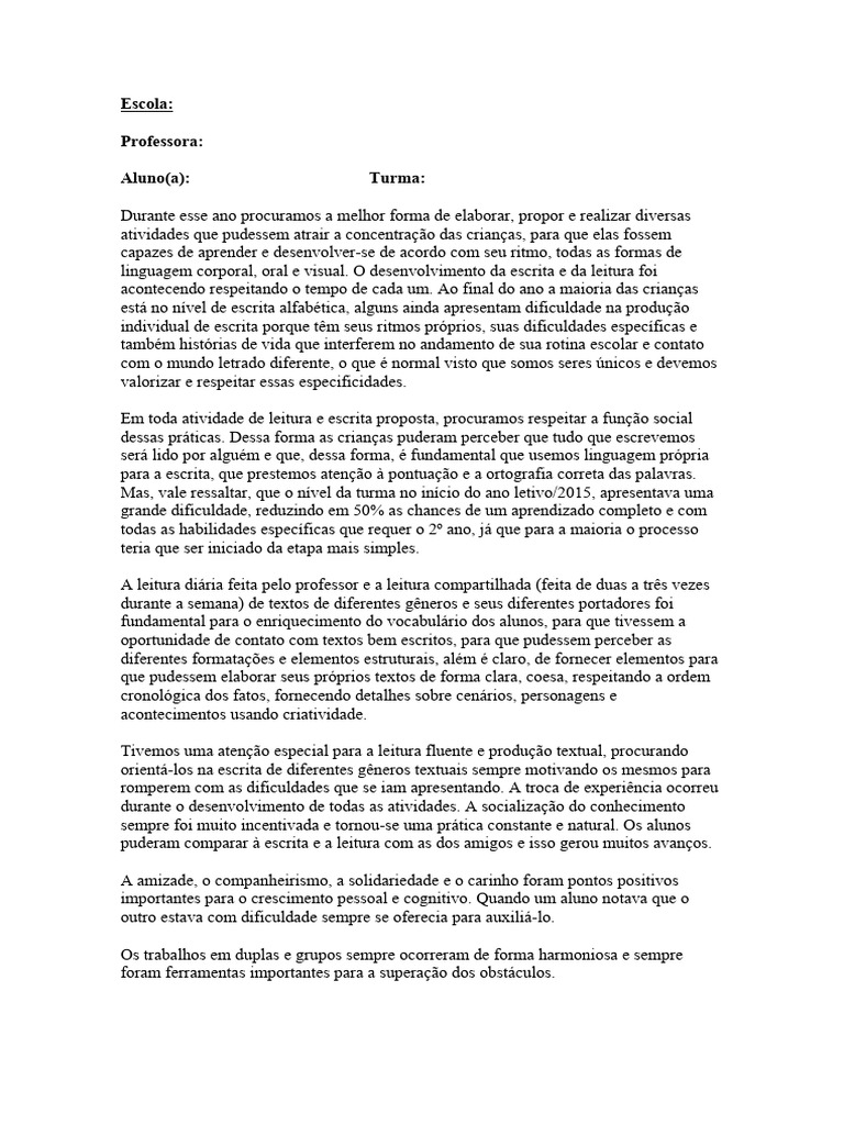 Modelo de Relatório Final Da Turma | PDF | Escrita | Aprendizado