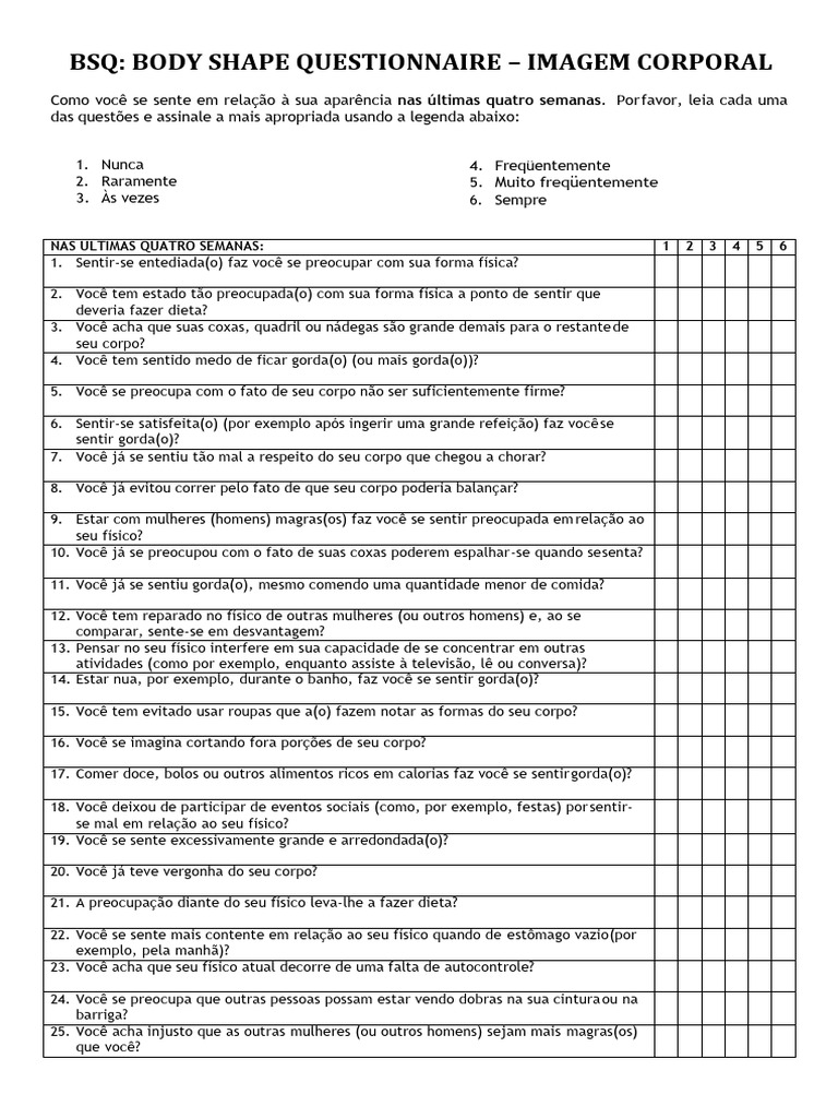 Questionário Sobre Imagem Corporal - BSQ | PDF | Carreira e Crescimento ...