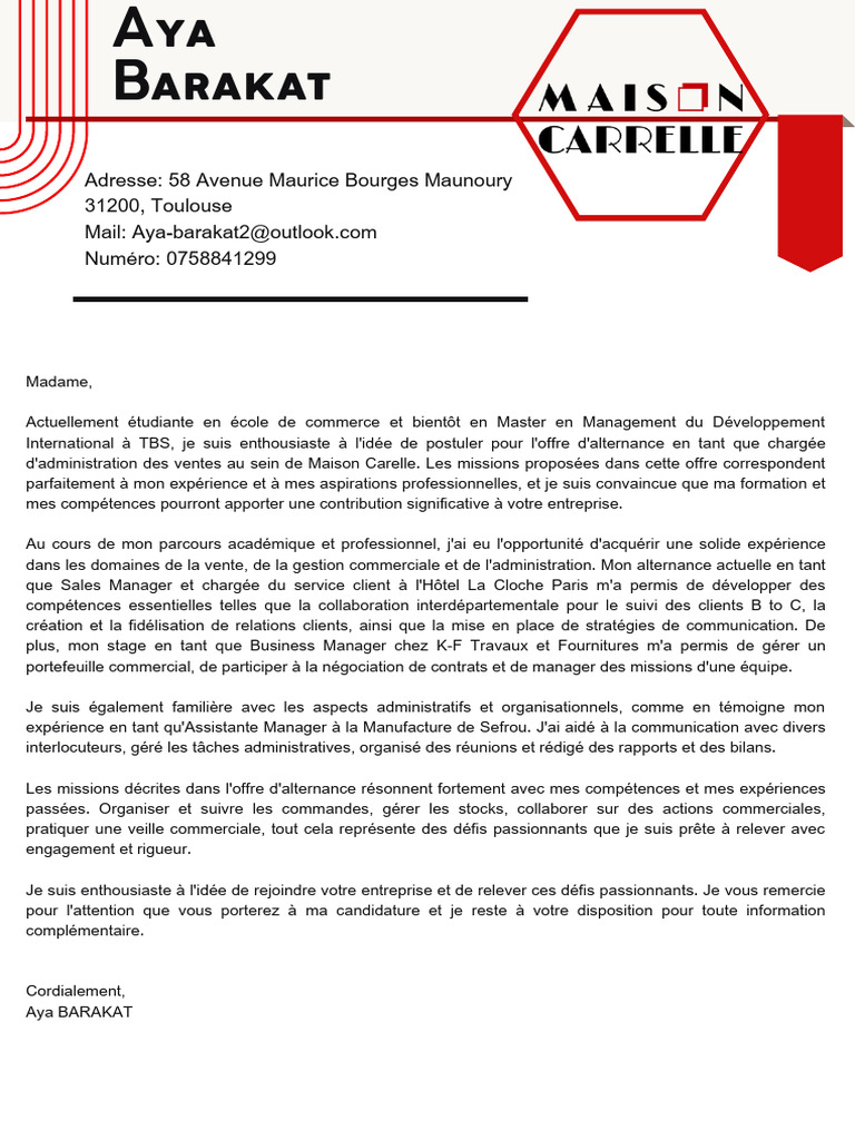 Candidature d'Aya Barakat à Maison Carelle | PDF | Affaires ...