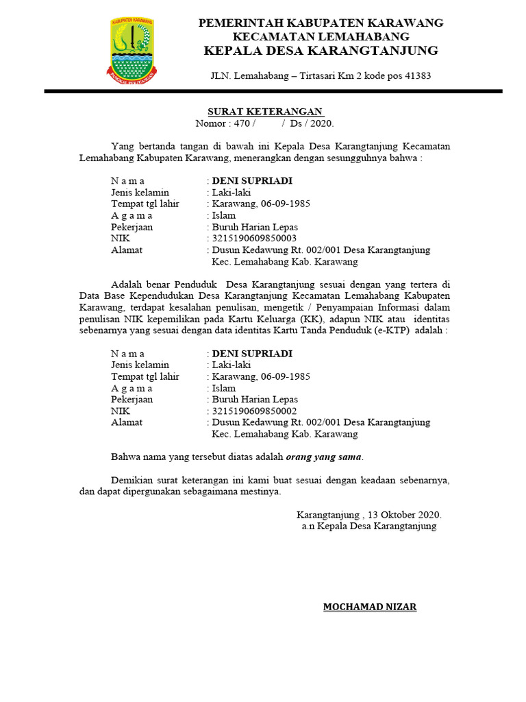 Keterangan Beda NIK | PDF