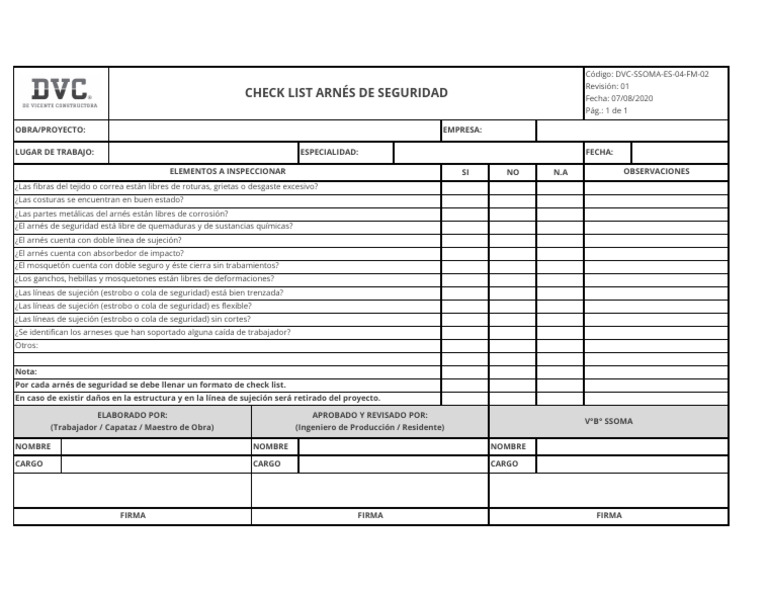 Check List de Arnés de Seguridad | PDF | Materiales