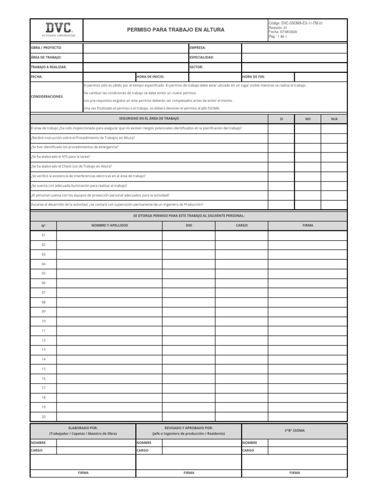 GF-SSOMA-ES-11-FM-01 Permiso para Trabajo en Altura Ver.01 | PDF GF-SSOMA-ES-11-FM-01 Permiso para Trabajo en Altura Ver.01 | PDF