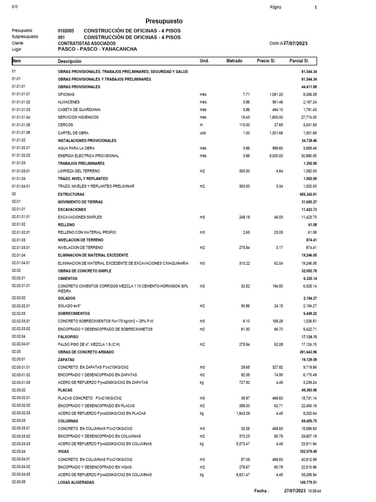 PRESUPUESTO CONSTRUCCIÓN DE OFICINAS - 4 PISOS | PDF | Ingeniero civil | Materiales