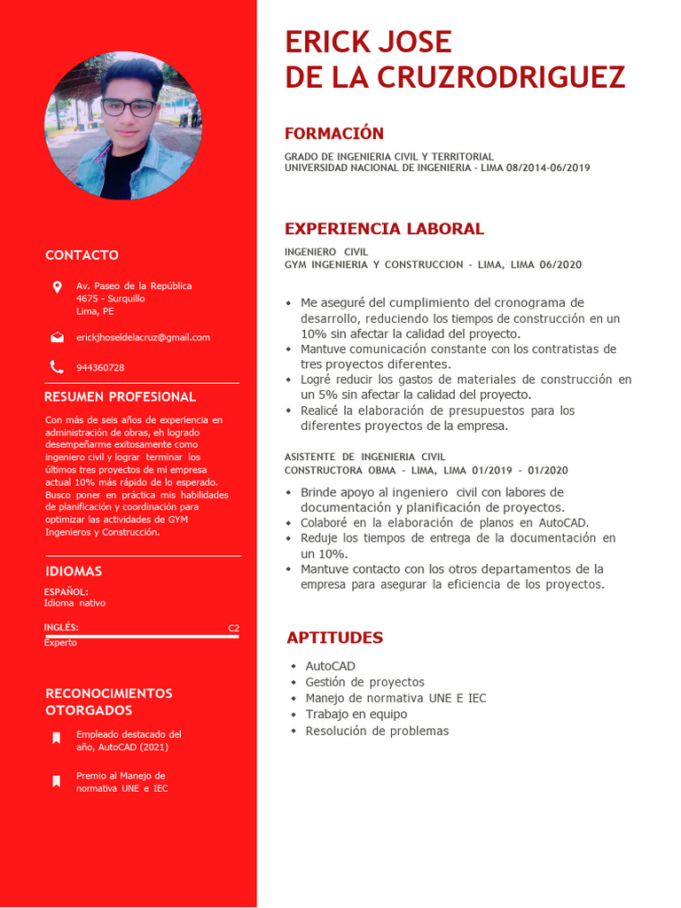 Curriculum Erick de La Cruz | PDF | Ingeniero civil | Ingeniería
