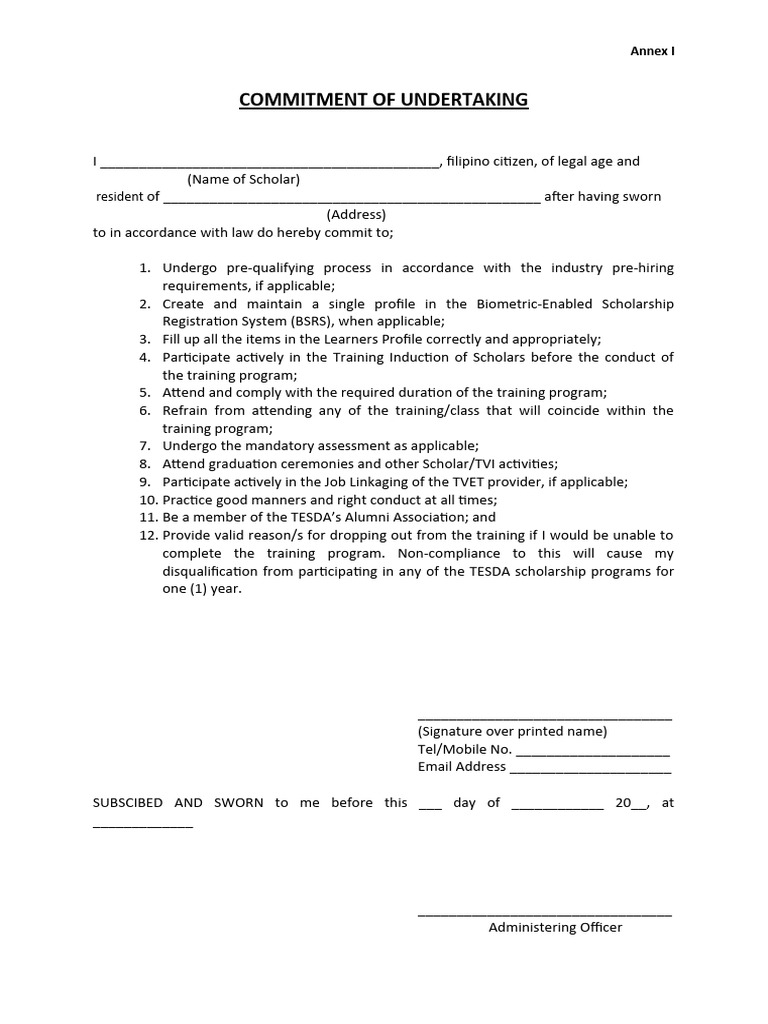 TESDA Scholarship Commitment Form | PDF