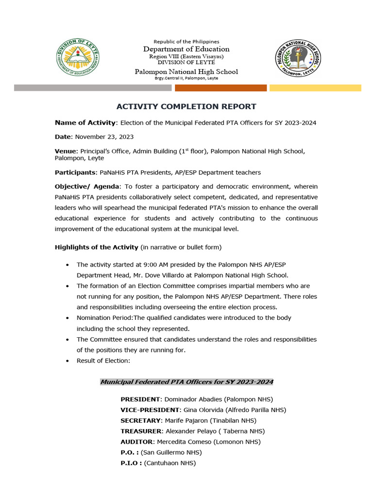ACR - Election of The Municipal Federated PTA Officers For SY 2023-2024 ...