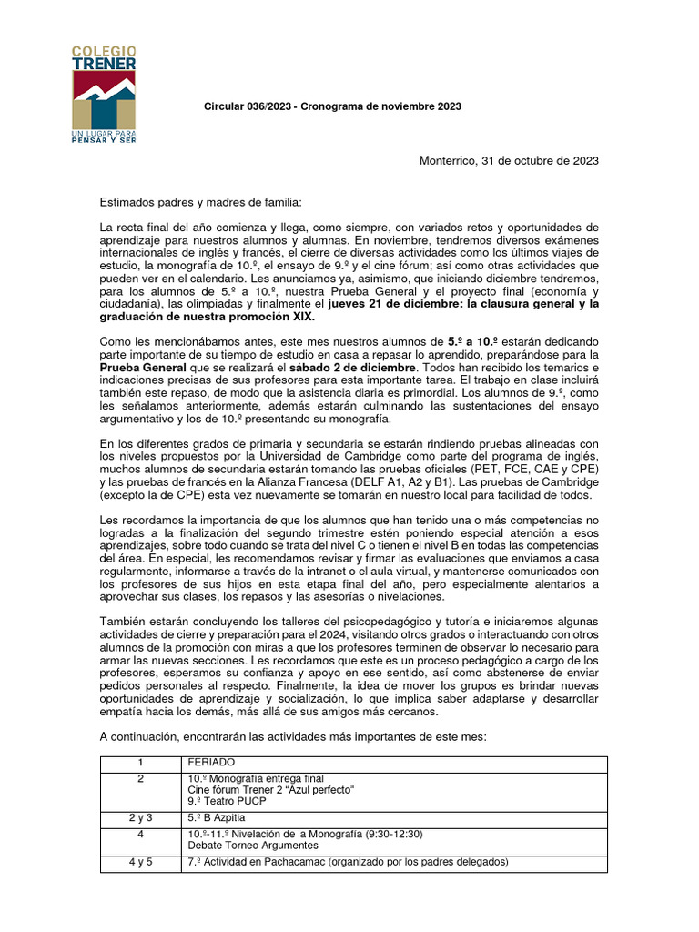 Circular 036-2023 Cronograma Noviembre 2023 + Calendario | PDF