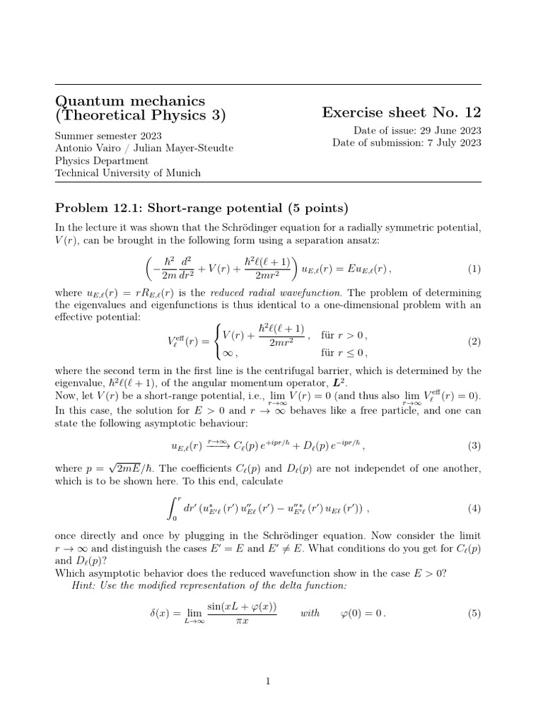 Quantum Mechanics Exercise Sheet 12 | PDF | Applied And ...