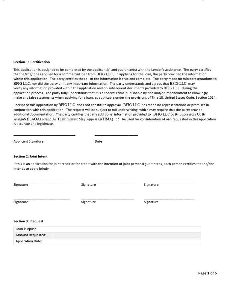 BFIG LLC Commercial Loan Application Fillable | PDF | Foreclosure | Real Estate Appraisal