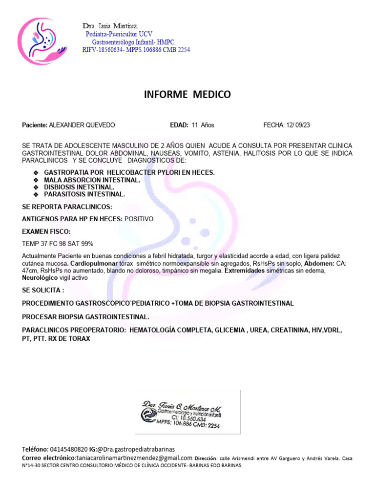 Informe Médico Gastrointestinal Infantil | PDF