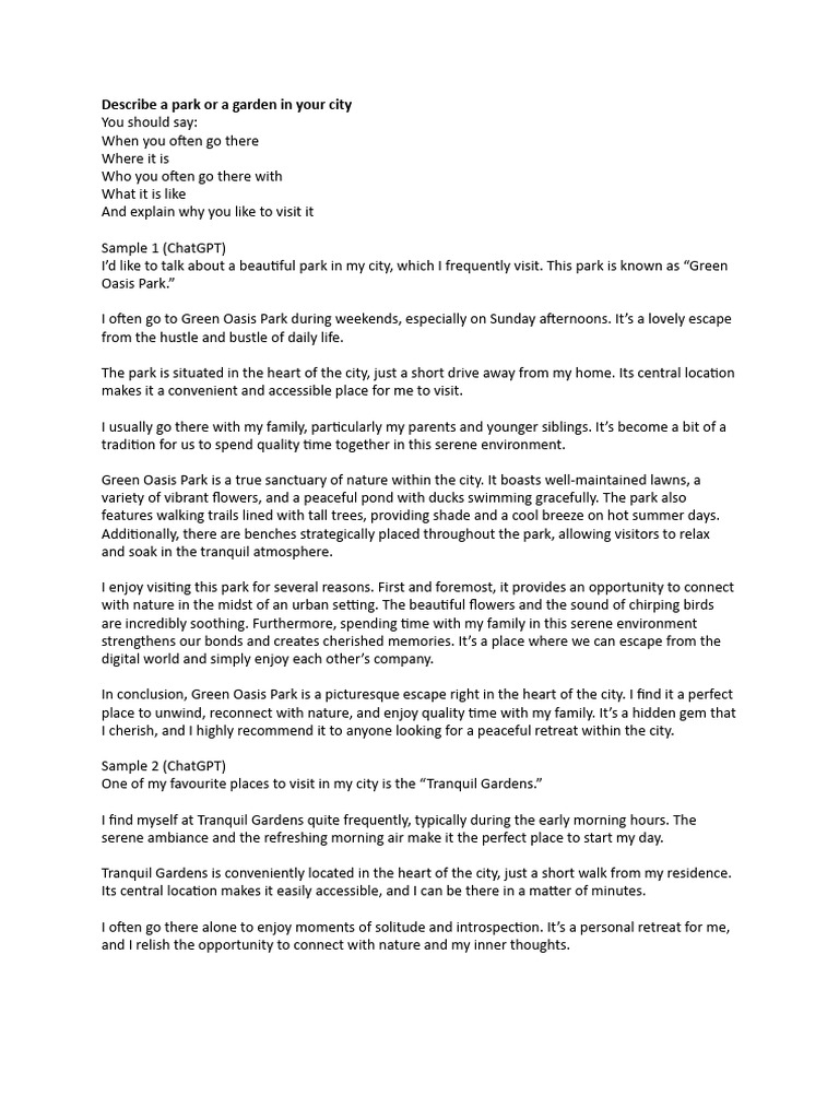 Speaking - Describe A Park or A Garden | PDF | Sunset | Parks