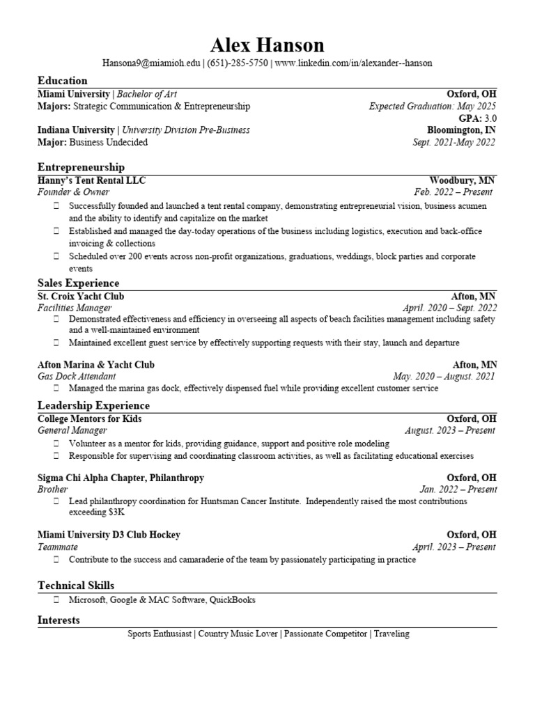 Alex Hanson Resume New 11 7 | PDF | Entrepreneurship | Economies