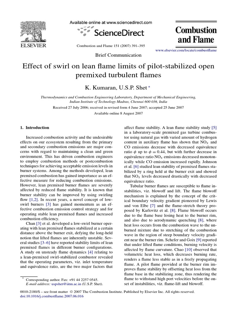 Effect of Swirl On Lean Flame Limits of Pilot-Stabilized Open Premixed Turbulent Flames | PDF ...