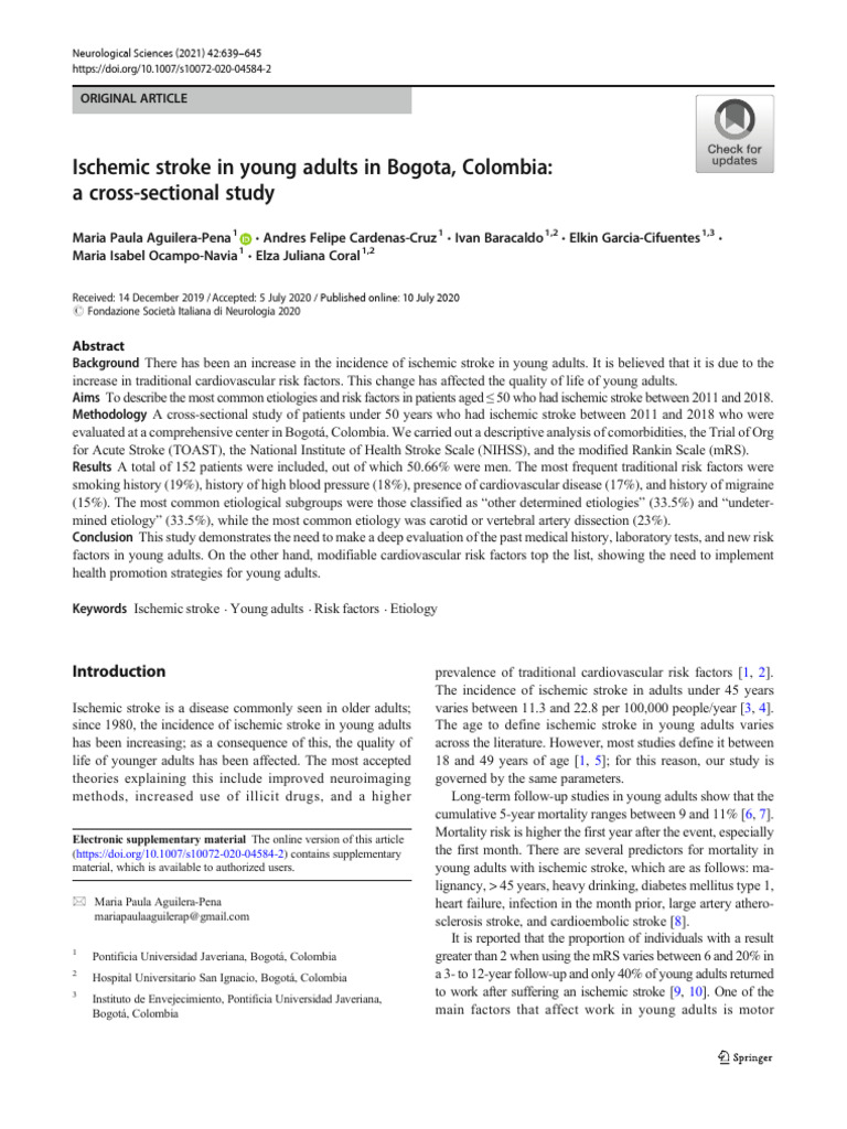 Ischemic Stroke in Young Adults in Bogota, Colombia: A Cross-Sectional Study | PDF | Stroke ...