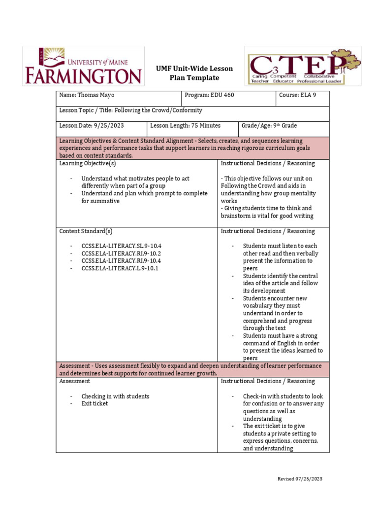 Student Teaching Lesson Plan 1 | PDF | Learning | Curriculum