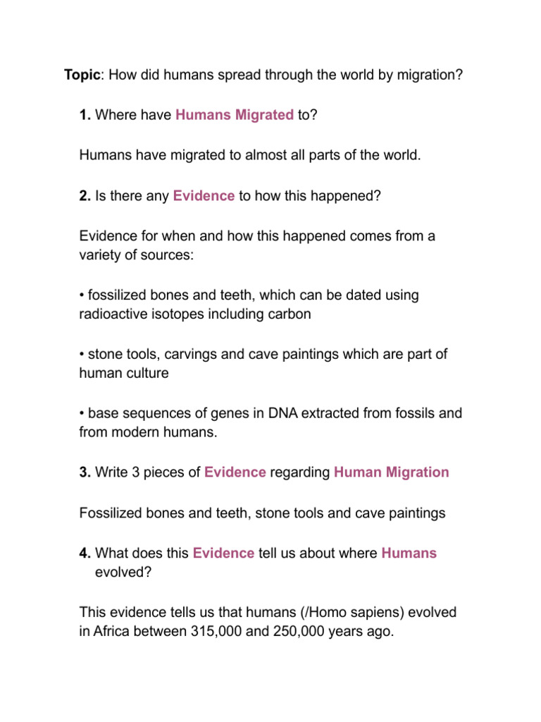 Topic How Did Humans Spread Through The World by Migration | PDF