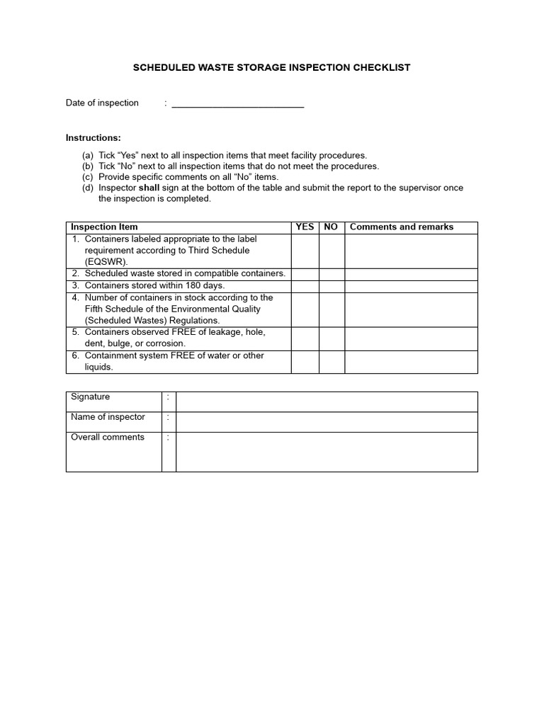 Scheduled Waste Storage Inspection Checklist Form | PDF | Technology ...