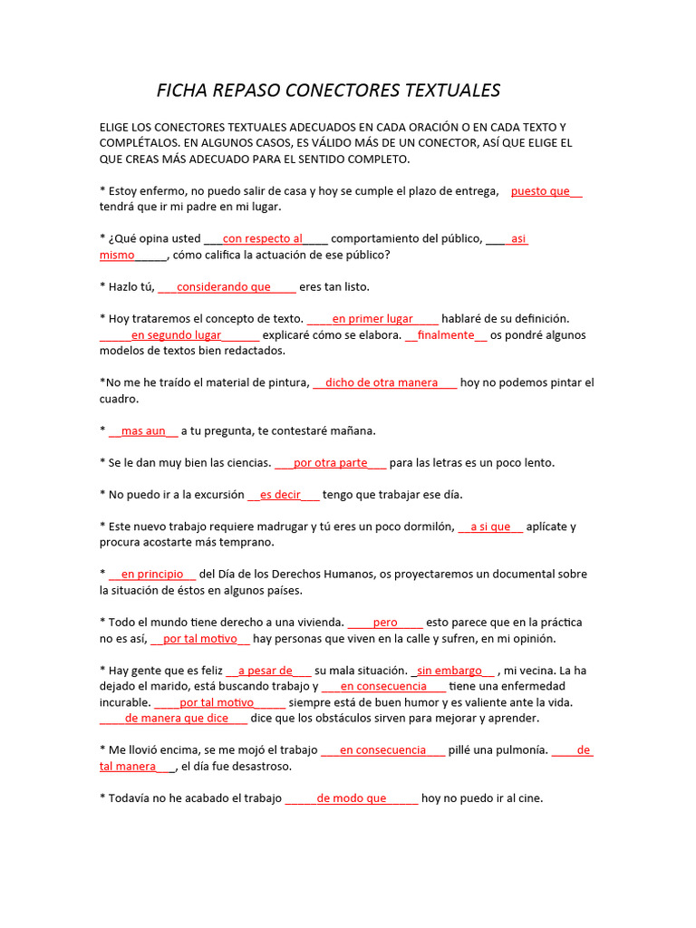 Ficha Repaso Conectores Textuales | PDF | Esclavitud