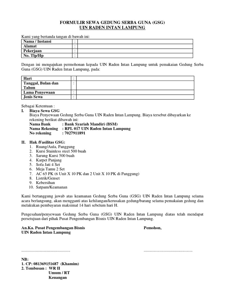 Formulir Sewa GSG UIN RIL | PDF | Karier & Perkembangan