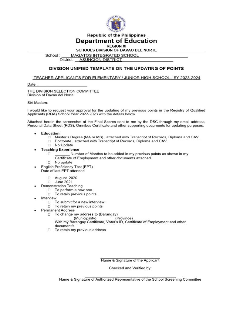 Final Copy of Division Unified Template For The Updating of RQA Points | PDF
