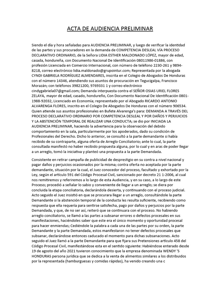 Acta de Audiencia Preliminar | PDF | Mandato | Demanda judicial