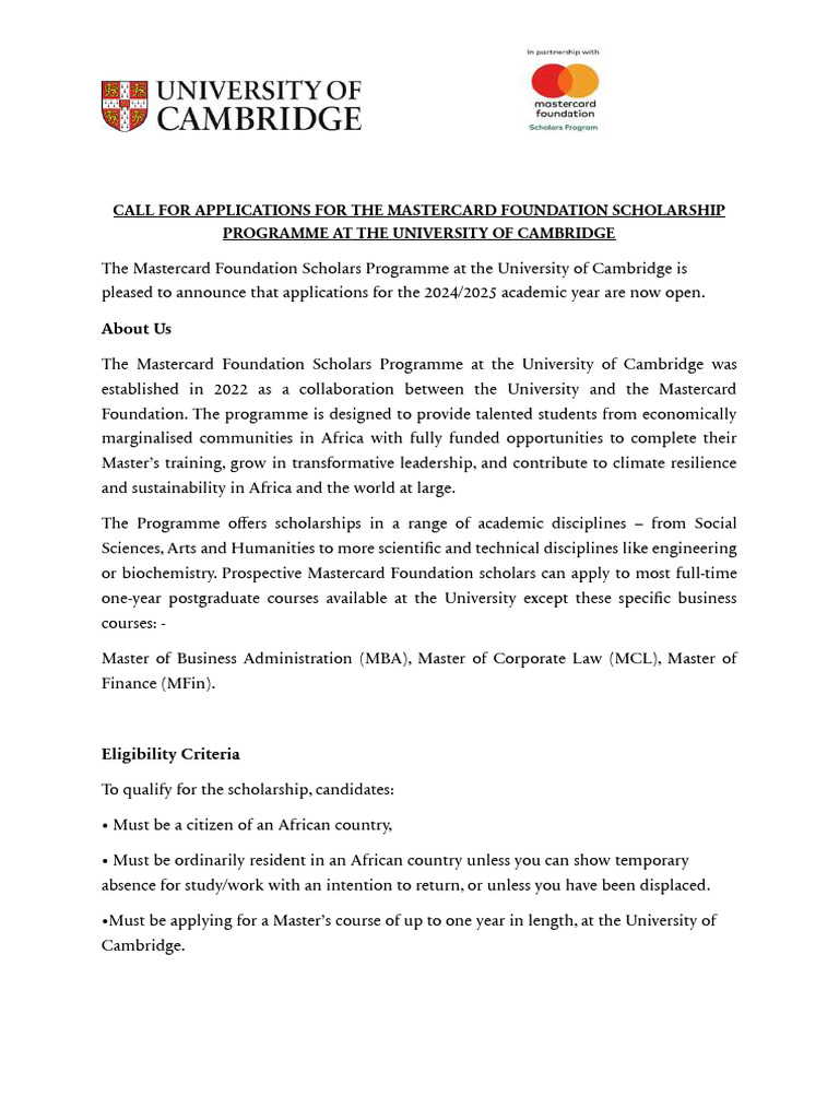 Call For Applications Mastercard Foundation Scholars Programme ... Call For Applications Mastercard Foundation Scholars Programme ...