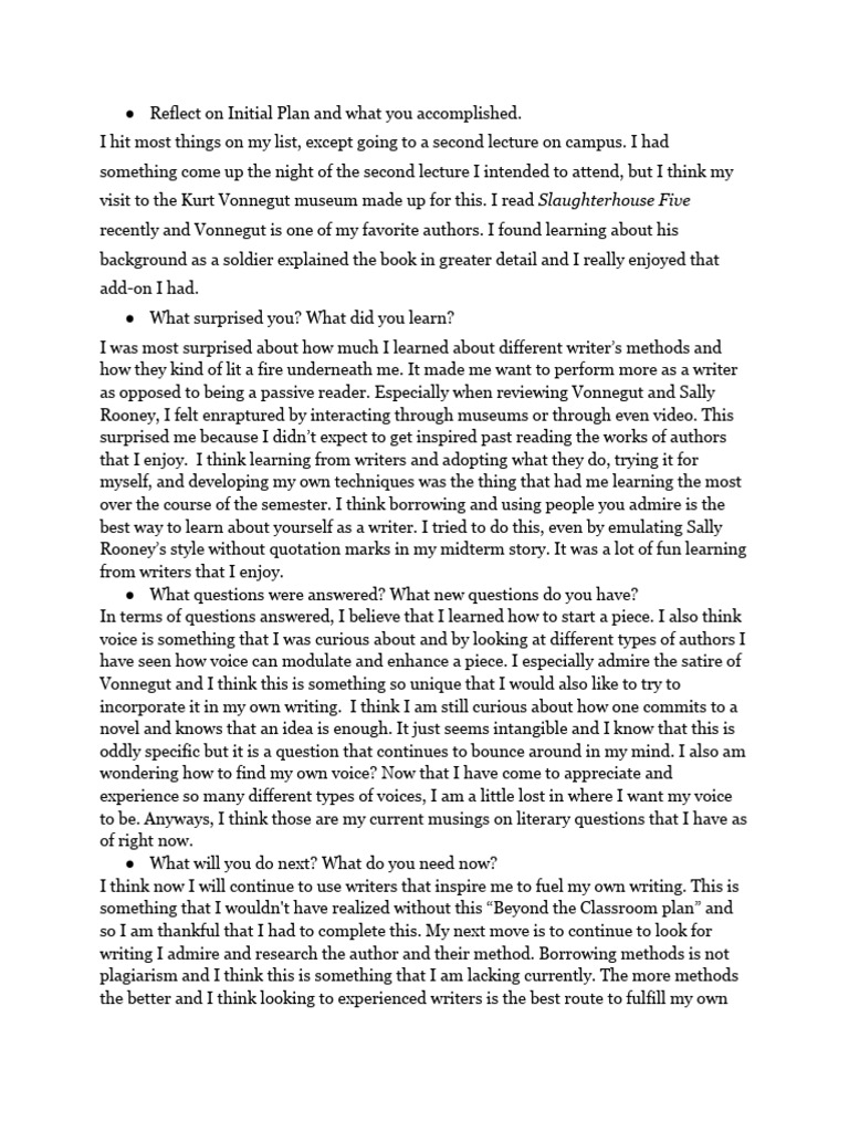 CW Beyond Classroom Plan Reflection | Download Free PDF | Kurt Vonnegut