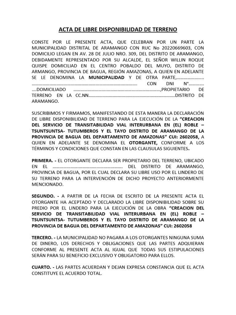 Acta de Libre Disponibilidad de Terreno | PDF