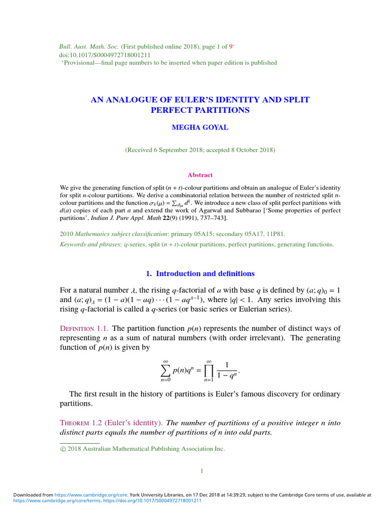 An Analogue of Euler's Identitiy and Split Perfect Partitions | PDF ...