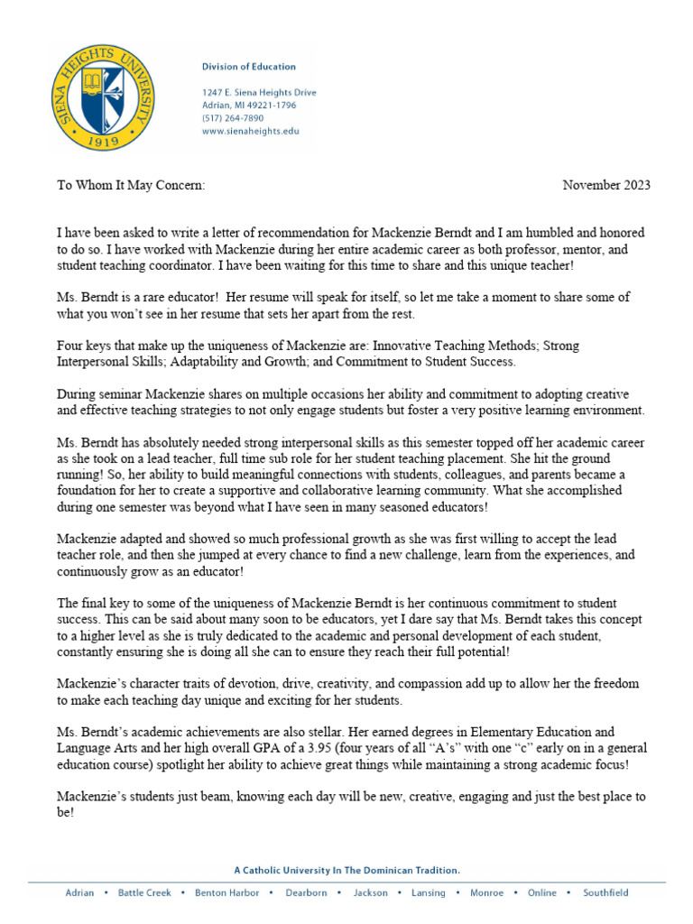 Sally Rae - Letter of Recommendation | PDF | Teachers | Mentorship