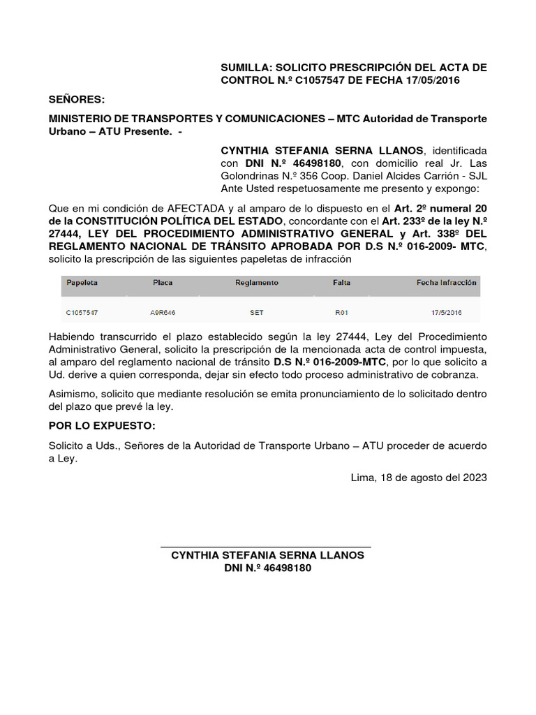 Solicitud de Prescripción de Papeletas ATU | PDF | Finanzas y dinero | Ciencias sociales