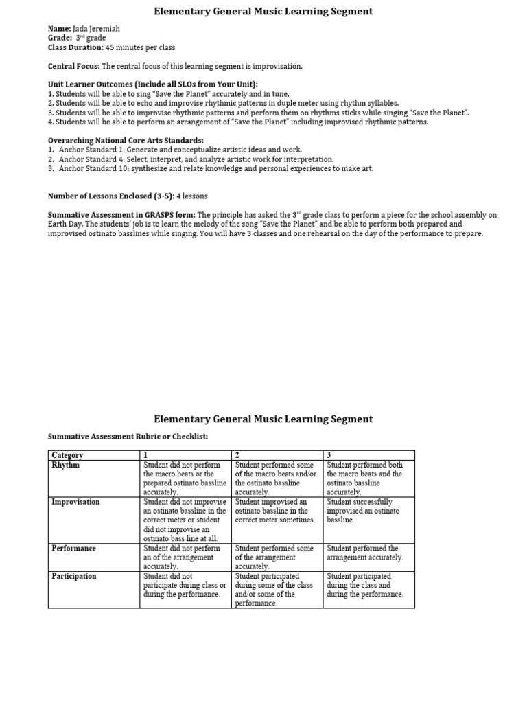 Elementary Methods Unit Plan - Final Project | PDF | Rhythm | Teachers